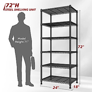 REIBII 72’’H Wire Shelving, 6 Tier Garage Shelving Units and Storage Shelves Heavy Duty, Adjustable Heavy Duty Metal Shelves for Storage Shelves for Pantry Kitchen Garage, 24’’W X18’’D X72’’H