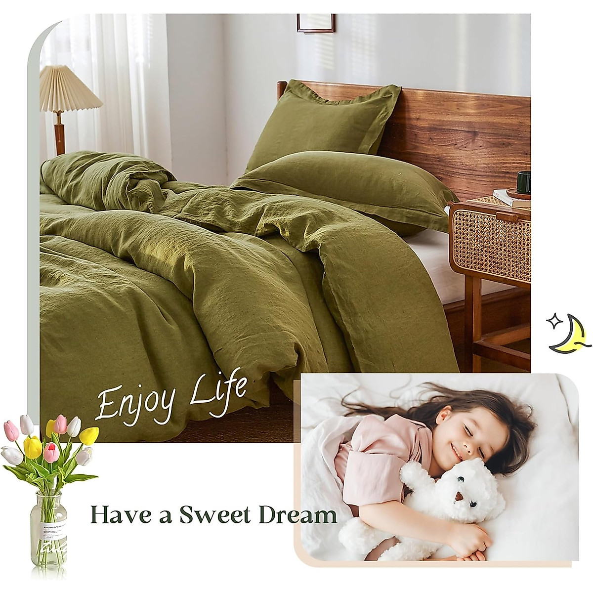 Generic Olive Green Color Linen Duvet Cover 3 PCS Set, Custard Boho Bedding Duvet Cover Uo Bedding Washed Duvet Cover Queen King Twin Double Bedding Set Linen Duvet Cover Set (California King 98X104)