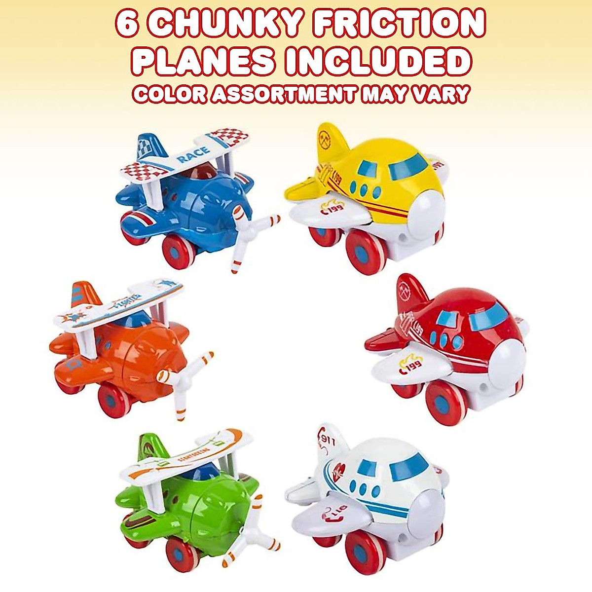 ArtCreativity Chunky Friction Airplane Toys for Kids, Set of 6, Push n Go Plane Toys with Moving Propellers and Wings, Aviation Party Favors for Boys & Girls, Pretend Play Gifts, Assorted Designs
