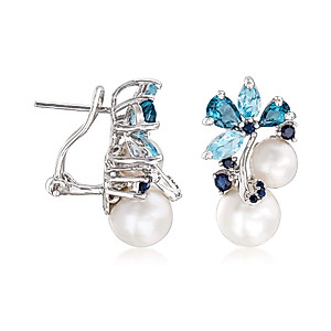 Ross-Simons 6-8.5mm Cultured Pearl and 2.00 ct. t.w. Sky Blue Topaz and London Blue Topaz Earrings With .10 ct. t.w. Sapphires in Sterling Silver