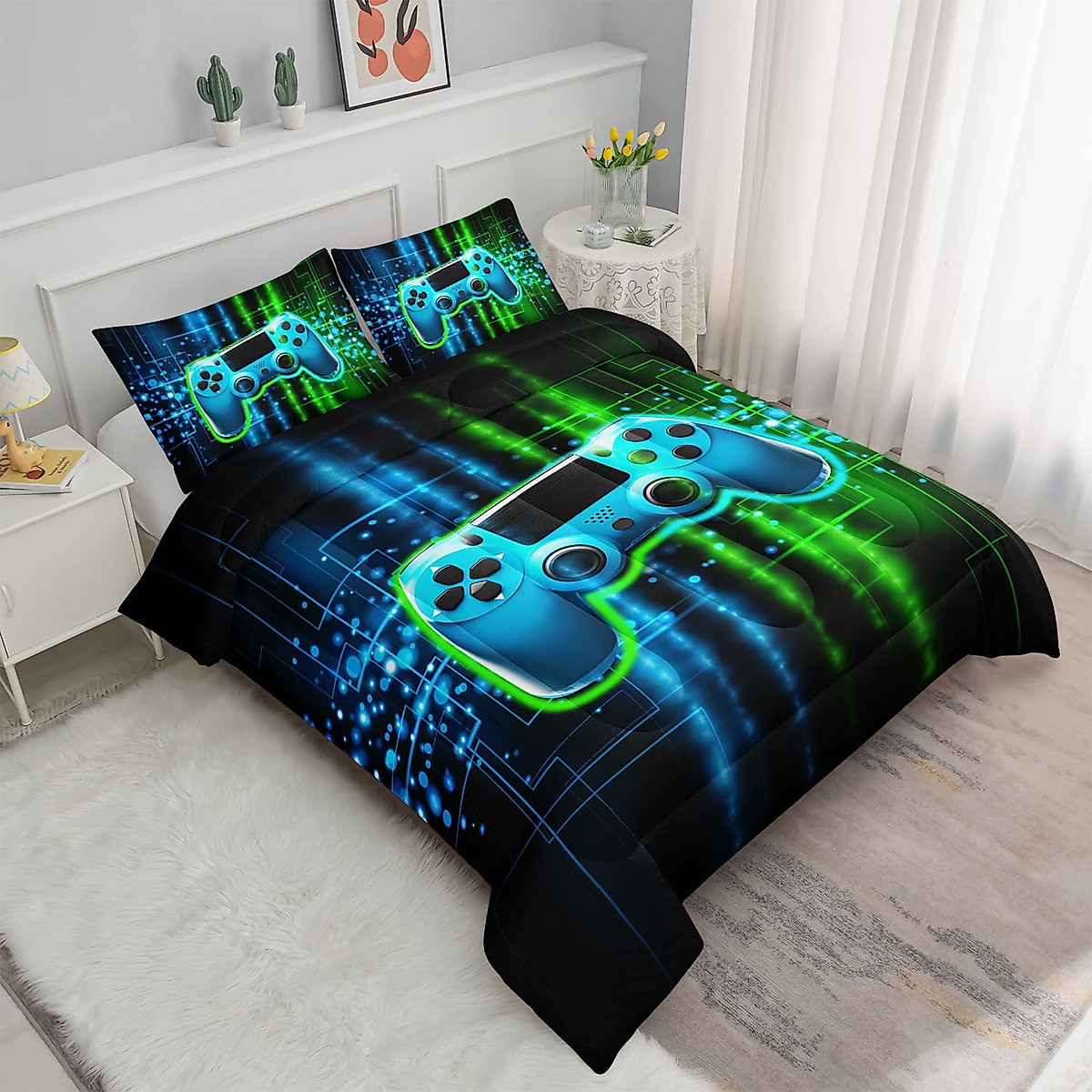 Datura home Video Gamer Comforter Set for Kids Teens Adults,Green Black Gamepad Modern Gamer Gaming Printed Bedding Set with 1 Comforter and 2 Pillowcases(Gamepad Green Twin)