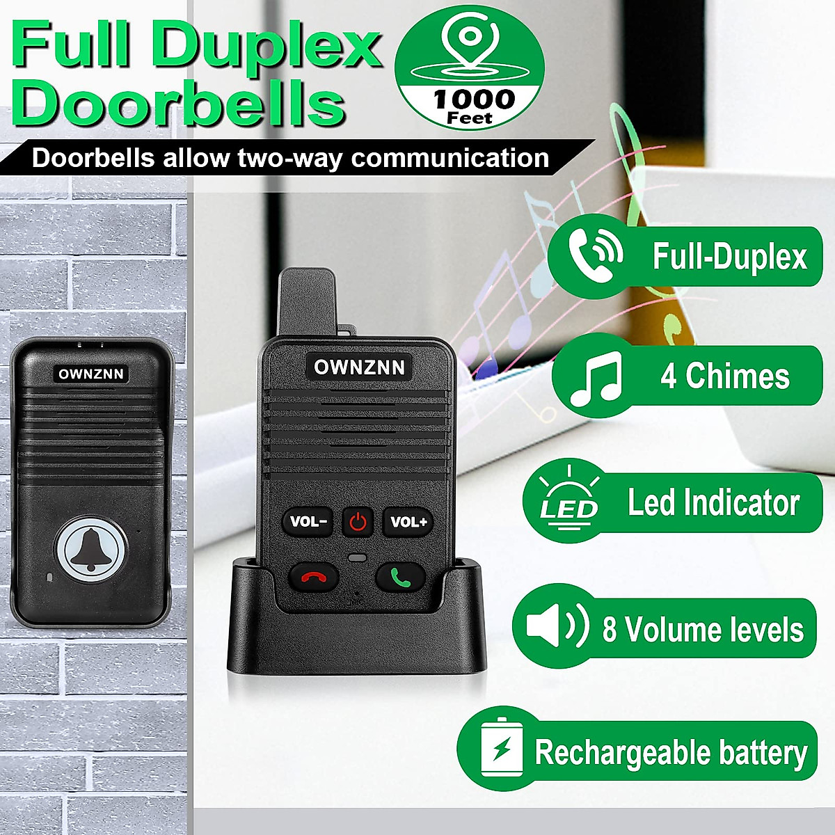 Wireless Doorbell, OWNZNN Intercom Doorbells Hands-Free, Waterproof Full Duplex Door Bell Two Way communication for Home Office 1000ft Range Doorbell Chime with 8 Volume Levels& LED Flash-Black 2Packs