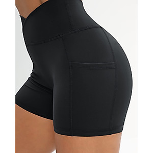 Workout Shorts for Women 2 Pcs Pack Cross Waist Active Gym Spandex Stretchy Yoga Compression with Side Pockets Black+Black-M