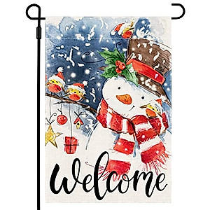 QWETRY Winter Snowman Welcome Christmas Garden Flag Double Sided, Merry Christmas Yard Flag for Outside Outdoor Décor, Premium Burlap Vertical Rustic Flags for Farmhouse Porch Lawn 12.5x18 Inch