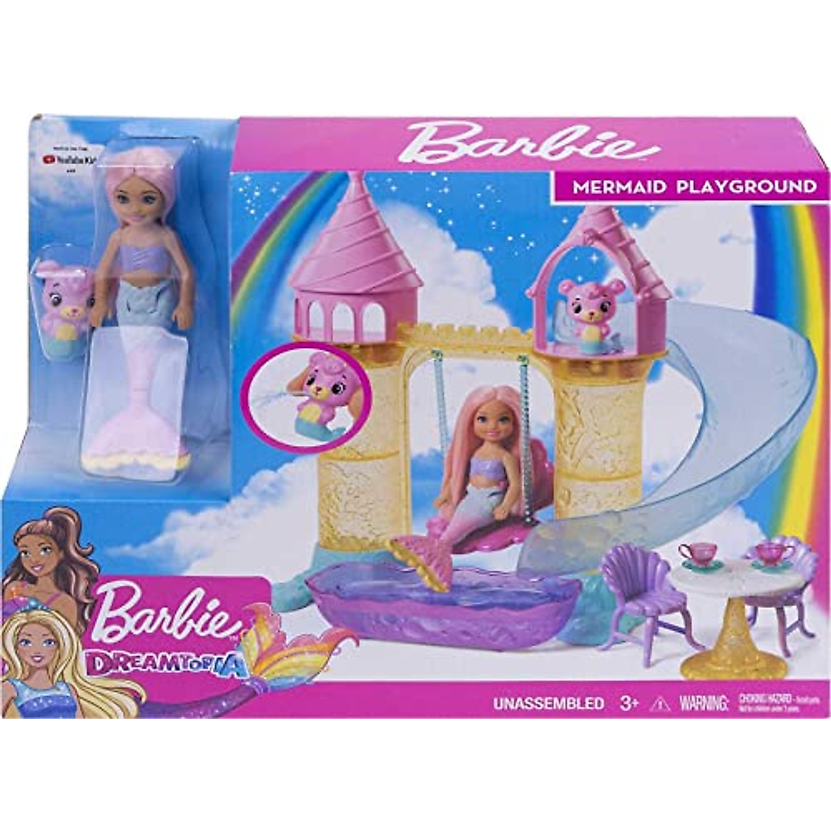 Barbie Dreamtopia Mermaid Playground Playset, with Chelsea Mermaid Doll, Merbear Friend Figure and Sand Castle Set with Swing, Slide, Pool and Tea Party, Gift for 3 to 7 Year Olds