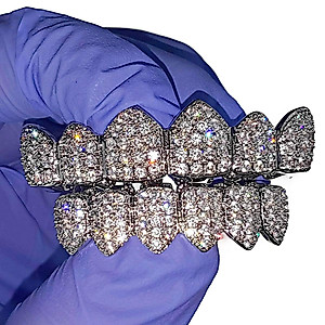 CZ Grillz Set Silver Tone Cubic Zirconia Micro Pave Bling Teeth Top & Bottom Row Iced Hip Hop Grills