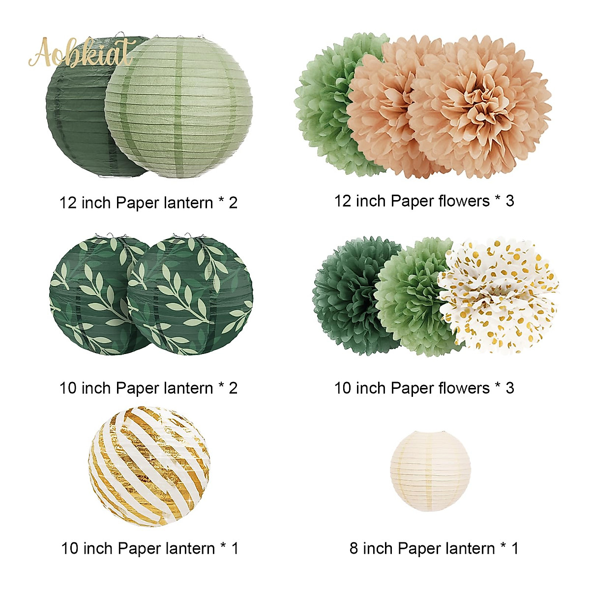 AOBKIAT Wedding Party Decorations Set,12PCS Olive Green Sage Paper Pom Poms Lanterns with Olive Leaf,for Engagement,Baby Shower,Bridal Shower,Boho Party