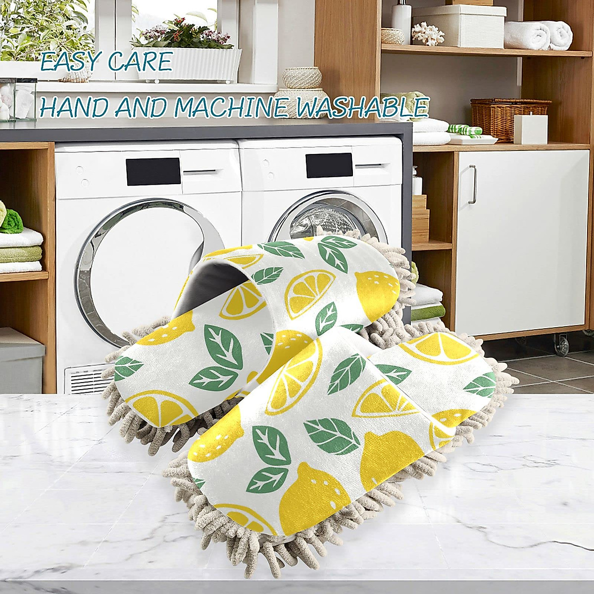 Lemons Green Leaves Mop Slippers Shoes Cover for Floor Cleaning Washable Dust Dirty Hair Cleaners Microfiber Mop Socks for Kitchen House Office