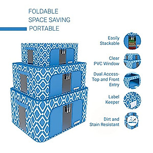 OrganizeMe 3 Pack Stackable Clothes Storage Bin Metal Frame Collapsible Storage Box Foldable Bin For Blankets Cloths Comforters Closet Organiser Sturdy Handle Design with Clear Window (Brilliant Blue)