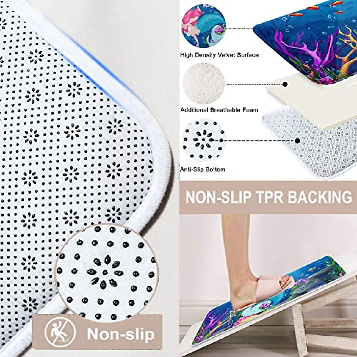 Mermaid Bathroom Sets with Shower Curtain and Rugs and Accessories, Kids Sea Shower Curtain Sets, Girl Princess Beauty Shower Curtains for The Bathroom, Ocean Underwater World Bathroom Decor 4 Pcs