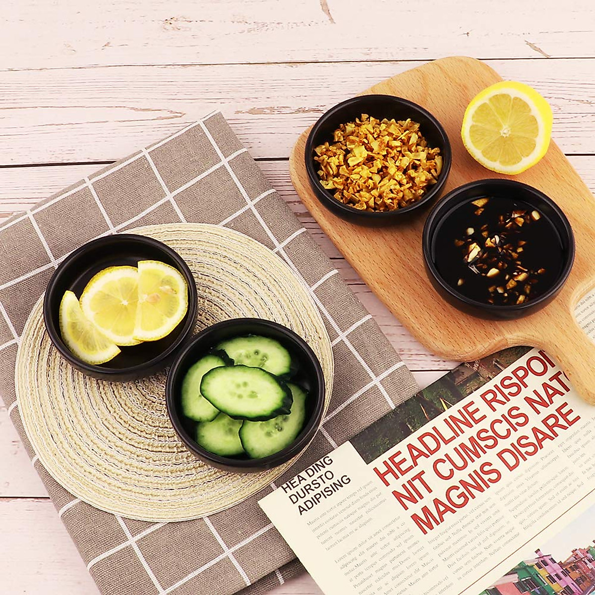 Cyimi 3.5" Ceramic Side Dish Set of 4 Small Porcelain Soy Dipping Sauce Dishes Black Seasoning Sauce Bowls Dinnerware Sets Sauce Serving Dishes