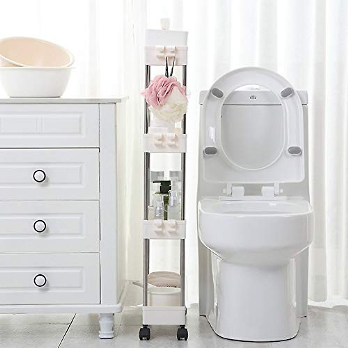 Modern Home 4 Tier Narrow Sliding Storage Organizer Rack - Laundry/Bathroom/Kitchen Rolling Cart (White)