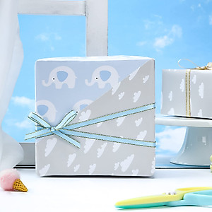 LeZakaa Reversible Baby Shower Wrapping Paper - Jumbo Roll - Elephant in Blue & Cloud in Gray for Baby Boy - 24 inches x 100 Feet (200 sq.ft.)