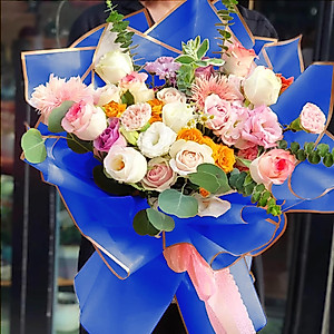 JOYIT 20 Sheets Flower Wrapping Paper - Flower Bouquet Wrapping Paper with Ribbon, Waterproof Flower Paper Wrap for Wedding, Birthday, Flower Shop, DIY Craft (Blue, 22.8''x22.8'')