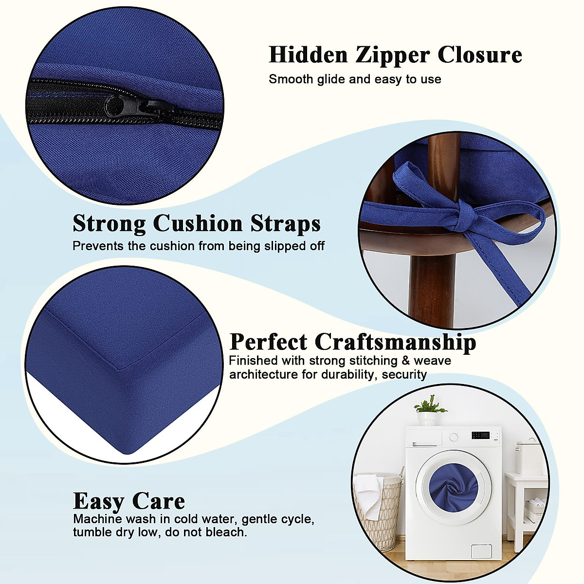 Topotdor Patio Chair Cushions Set of 2,Waterproof Outdoor Chair Cushions with Fade Resistant Removable Cover with Adjustable Straps for Patio Furniture Garden Sofa Couch,19"x19"x3" Blue