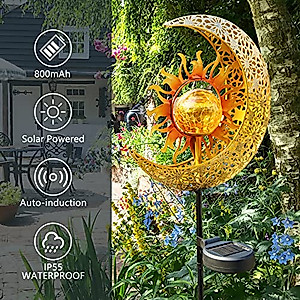 LICKLIP Garden Solar Lights Outdoor Decorative, Sun & Moon Crackle Glass Globe Metal Stake Light, Waterproof Warm White LED Light, Decorations for Pathway Lawn Patio Courtyard Backyard (1 Pack)