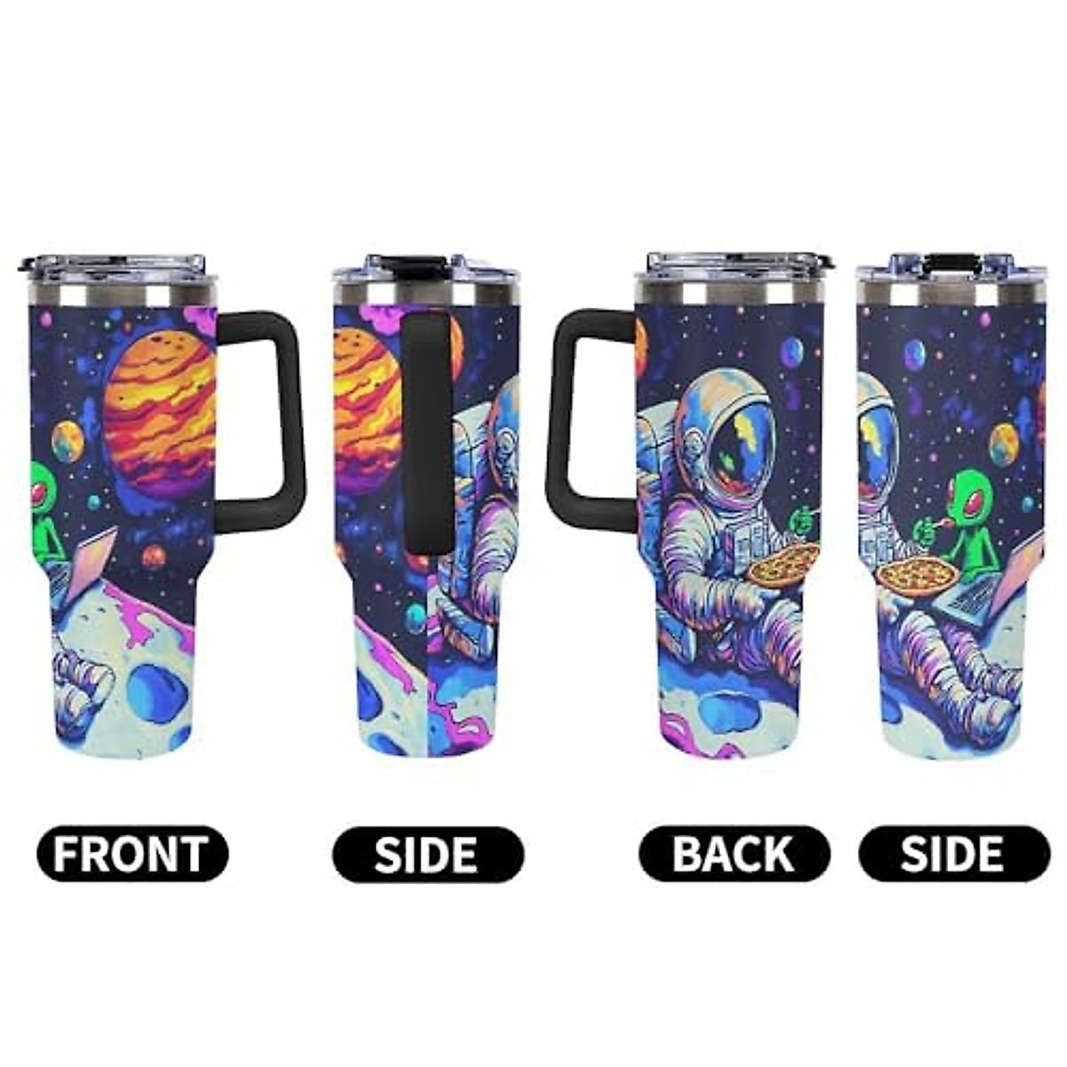 Astronaut Aliens Pizza Insulated Tumblers with Handle Stainless Steel Coffee Mug Funny Travel Cup with Lid Straw 40oz
