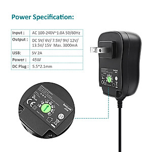 Basicvolt Universal Power Supply 5V 6V 7.5V 9V 12V 13.5V 15V 3A 2.5A AC DC Power Adapter 45W Wall Charger with 5V 2A USB Plug for Electronics 2.5A 2500mA 3000mA 3Amp Max with 12pcs Adaptor Tips