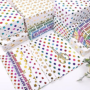 Gift Wrapping Paper Birthday, 6 Sheets Metallic Foil Wrapping Paper Set Colorful Gold Heart Dots Star Happy Birthday Wrapping Paper for Women Men, Gift Wrapping Paper for Any Occasions, 27x19 Inches