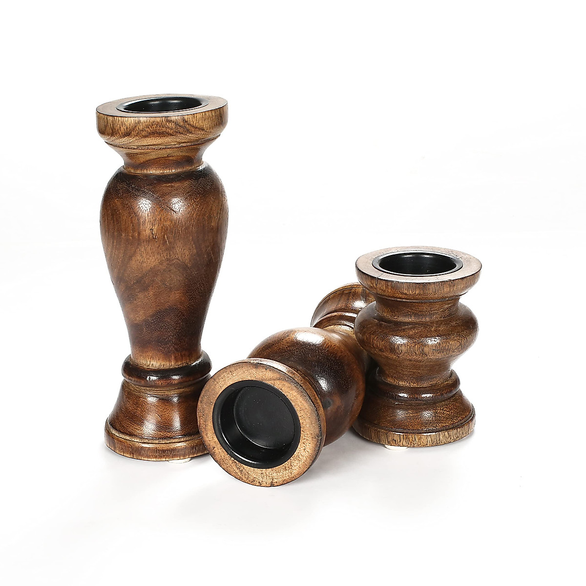 Descent Art Designs Rounded Turned Colums Candle Stands Sustainable Wooden for Taper Candles, Country Style, Idle for Farmhouse Living Room Wedding Party Home décor - 8,6,4 Inch Set of 3 - Burnt