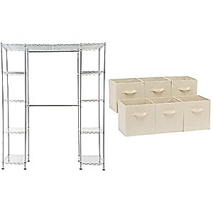 Amazon Basics Expandable Metal Hanging Storage Organizer Rack Wardrobe with Shelves, 14"-63" x 58"-72", Chrome & Collapsible Fabric Storage Cubes Organizer with Handles, Beige - Pack of 6