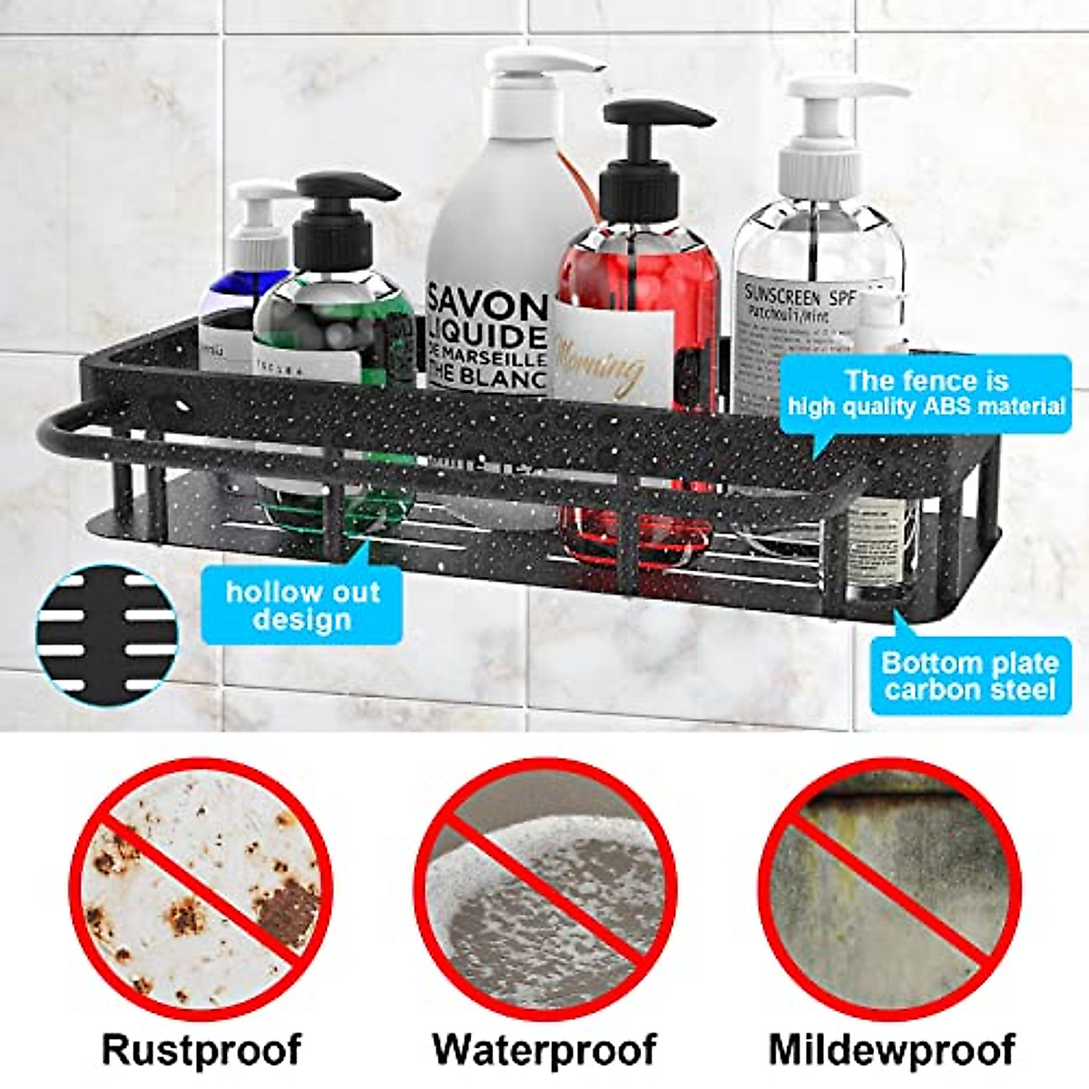 Misounda Shower Caddy Adhesive Shower Organizer Wall Mounted Shower Shelves with Towel Bar No Drilling Bathroom Organizer Shower Storage for Dorm Bathroom Toilet Kitchen-Black