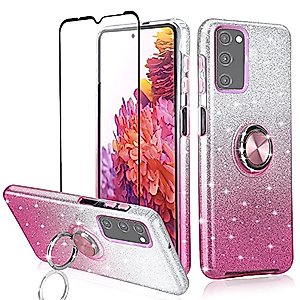 FZLOO for Samsung Galaxy S20 FE Case with 1 Pack Screen Protector, Shiny Cute Glitter TPU Silicone Bling Sparkle Shockproof Protective Cover with Ring Kickstand for Samsung Galaxy S20 FE 5G (Pink)