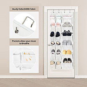 Over The Door Mesh Pocket Shoe Organizer, 18 Large Breathable Durable Pockets with 4 High-end Hooks, Storage Rack for Shoes, Sneakers and Accessories (59" x 21",White) (White)