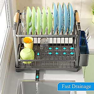 SNTD Dish Drying Rack, 2-Tier Dish Rack with Drainboard Auto Drain Spout, Kitchen Counter Dish Drainer with Utensil Holder Sink Caddy, Dish Dryer Rack Over Sink Organizer Black