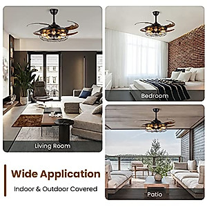 Siljoy Retractable Ceiling Fan with Lights Black Industrial Caged Ceiling Fan with Remote Controller Farmhouse Chandelier Fan with Lights for Living Room Bedroom Patio (48 Inches, 5 Lights)