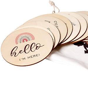 Baby Months Signs - Set of 14 Wooden Double Sided Baby Milestone Cards Including a Special Hello World Disc - Take a Picture and Celebrate Each Baby Age Milestone with These Milestone Wooden Circles