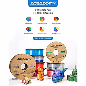 Aceaddity Silk Magic PLA 3D Printer Filament, Multi-Colour Tri-Extrusion 1.75mm 3D Printing PLA Filament, Shiny Silk Coextruded PLA, Dimensional Accuracy +/- 0.03 mm, 1kg/2.2lbs (Blue-Purple-Yellow)