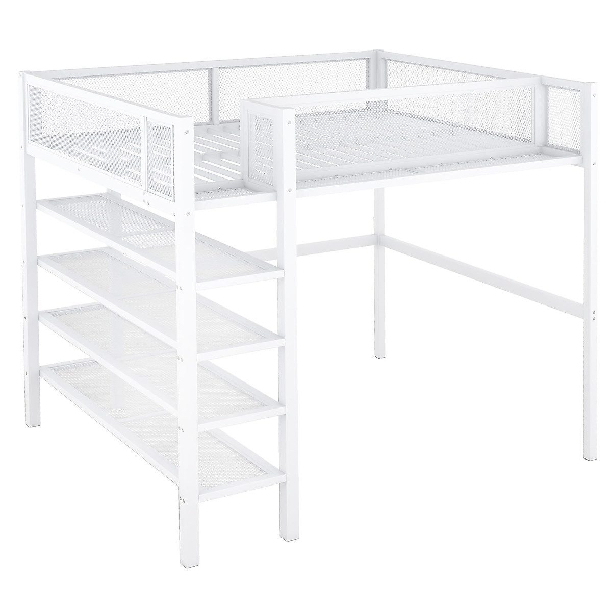 Bellemave Full Size Loft Bed with 4-Tier Shelves and Storage, Metal Loft Bed with Bookshelf, Full Size Loft Bed with Storage Stairs(White)
