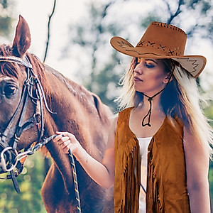 MAKCNMYM Women Tassel Fringe Vests 70s Hippie Faux Suede Sleeveless Fringed Jacket Western Cowgirl Outfits with Cowboy Hat Heart-Shaped Sunglasses Women Costume Accessories Open-Front Vintage Vest