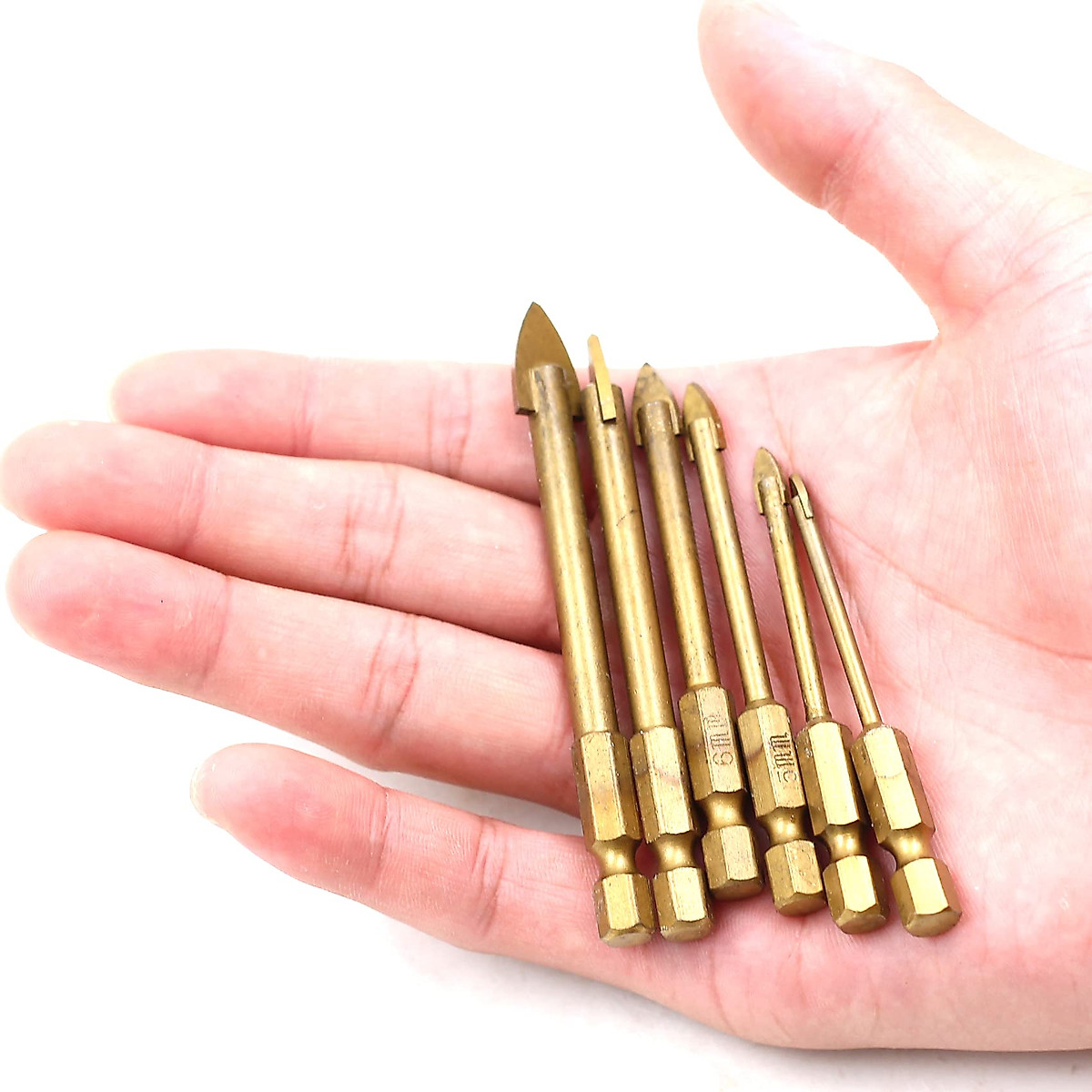 Chiloskit 5pcs Titanium Coated Tile Glass Masonry Drill Bit Set Hole Cutting Tool with Hex Shank for Ceramic Tile Marble Mirror Glass, 3/4/6/8/10mm