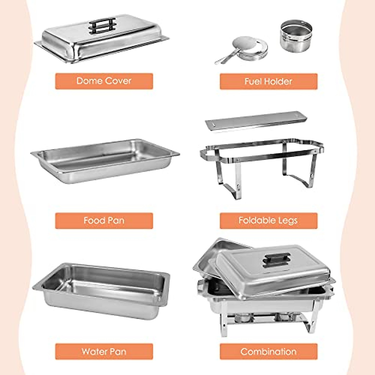 GRANDMA SHARK 4 Packs 8QT Stainless Steel Rectangular Chafing Dishes Sets with Alcohol Furnace for Catering Buffet Warmer Set Chafing Dish Buffet Set Food Warmers for Parties with Folding Frame