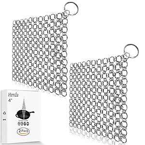 2Pack Cast Iron Cleaner Stainless Steel Chain Mail Scrubber, Iron Skillet Scrub Brush for Pan Pot Chain Scrubber Cleaning Dutch Ovens Carbon Steel Wok Grill Pan, Chain Mail to Clean Castiron by Herda