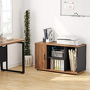 Tribesigns 39 inches File Cabinet, Large Storage Printer Stand, Mobile Filling Office Cabinet with Wheels, Doors and Open Storage Shelves,Dark Walnut
