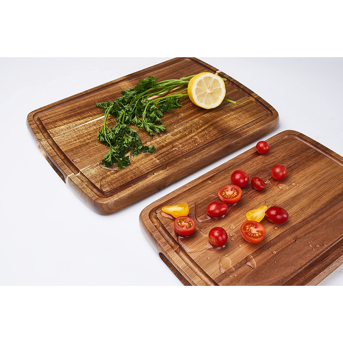 Set of 2 Sonder Los Angeles Acacia Wood Cutting Boards with Juice Groove, Gift Box Included - Small & Medium Sizes: 14x10x1in & 12x8x1in. Ideal for Meat, Vegetables, and Organic Produce Sustainable
