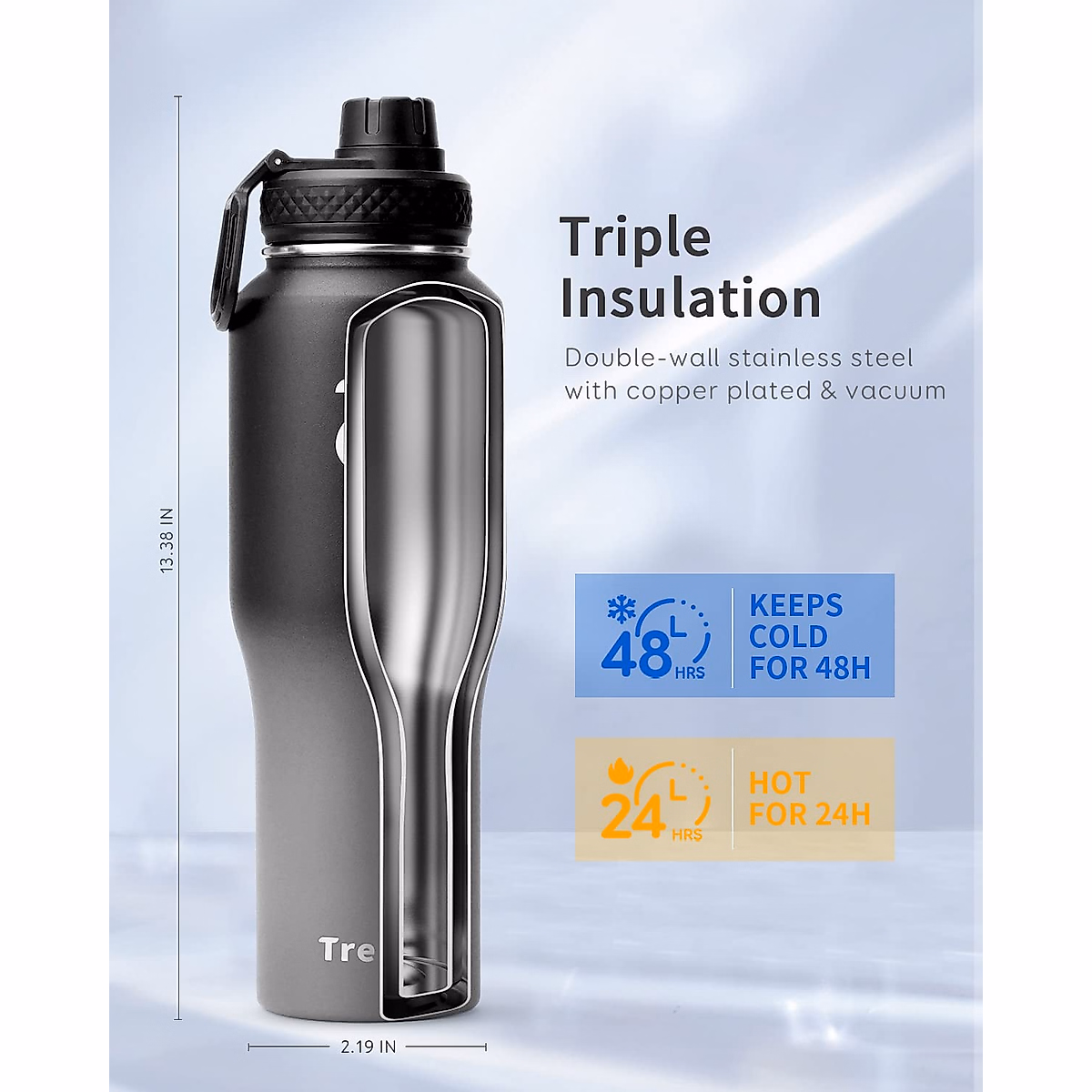 Trebo Water Bottle 32oz&64oz with Paracord Handle, Half Gallon Food-grade Double Wall Vacuum Stainless Steel Insulated Jug with Straw Spout Handle Lids, Leakproof Keep Cold & Hot Ombre: Dark Gray