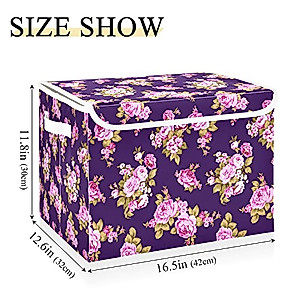 Kigai Storage Basket Pink Floral Storage Boxes with Lids and Handle, Large Storage Cube Bin Collapsible for Shelves Closet Bedroom Living Room, 16.5x12.6x11.8 In