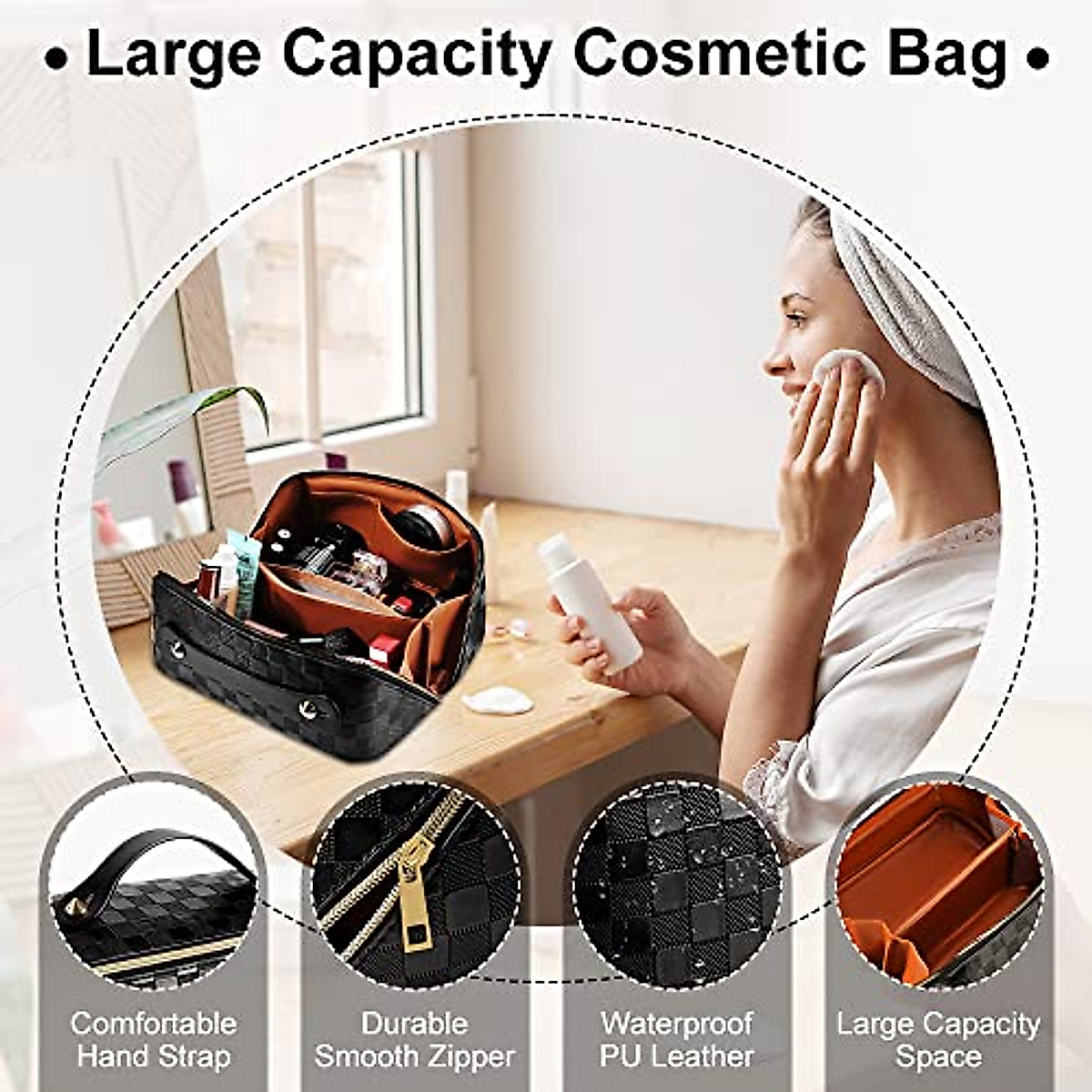 Large Capacity Travel Cosmetic Bag Plaid Checkered Makeup Bag Portable Leather Waterproof Skincare Bag with Handle and Divider for Women