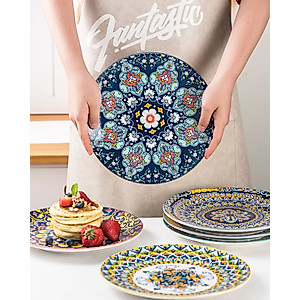 Dessert, Salad Plate Set 8.7 Inch, Colorful Ceramic Plates for Pasta, Appetizer, Snacks - Serving Dishes for Thanksgiving & Christmas, Dishwasher & Microwave Safe, Set of 6 - Bohemian Style