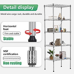 FDW 5 Tier Wire Shelving Adjustable Metal Shelves 17L x 12W x 48H NSF Pantry Shelves Storage Rack Shelving Units for Kitchen Garage Small Places Commercial,Chrome
