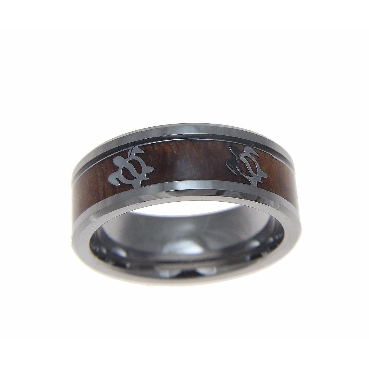 Arthur's Jewelry Genuine inlay Hawaiian koa wood band ring honu turtle tungsten comfort fit 8mm size 8