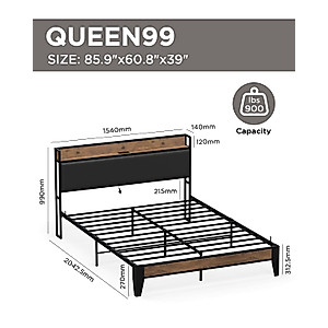 BUCOTOD Bed Frame with Storage Headboard, Built-in Charging Station, Easy Assembly, Noise Free, Non-Slip Design, Sturdy and Stable, No Box Spring Needed, Heavy Duty Metal Support Bed Frame-QUEEN99
