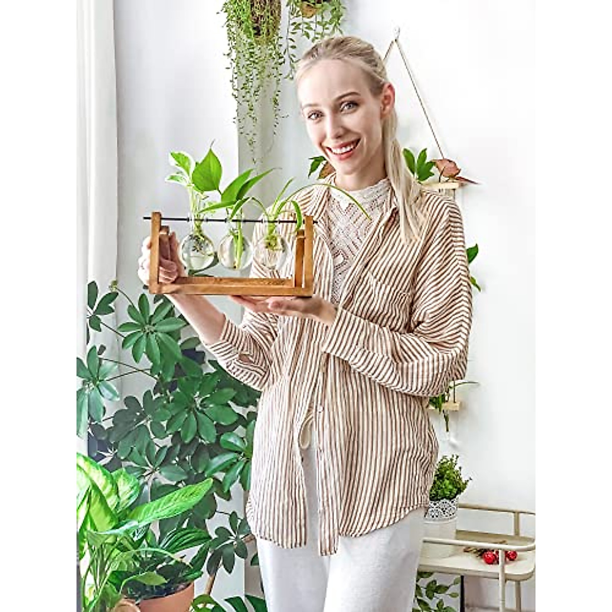 Ivolador Desktop Propagation Station, Bulb Plant Terrarium with Retro Solid Wooden Stand and Metal Swivel Holder for Hydroponics Plants Home Garden Wedding Decor (3 Bulb)