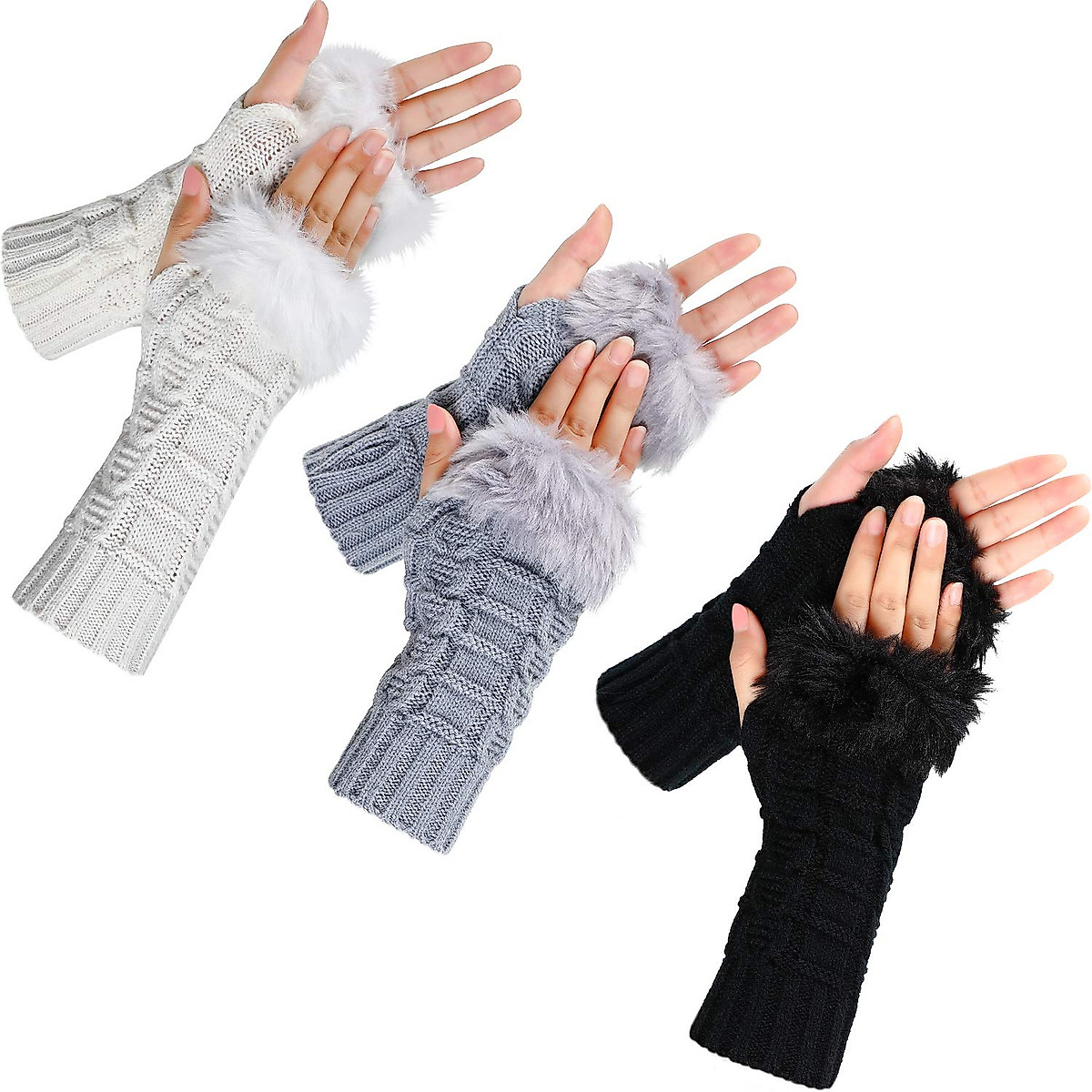 3 Pairs Fingerless Winter Gloves Faux Fur Crochet Warm Middle Length Thumb Hole Fingerless Gloves Arm Warmers (Black, White, Grey)