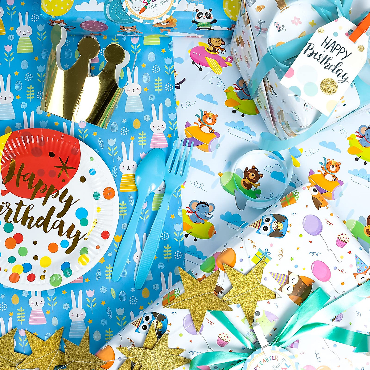 LeZakaa Birthday Wrapping Paper Sheet - 12 Sheet with 6 Different Animal Design for Kids, Boys, Girls -27.5 x 19.6 inches Per Sheet