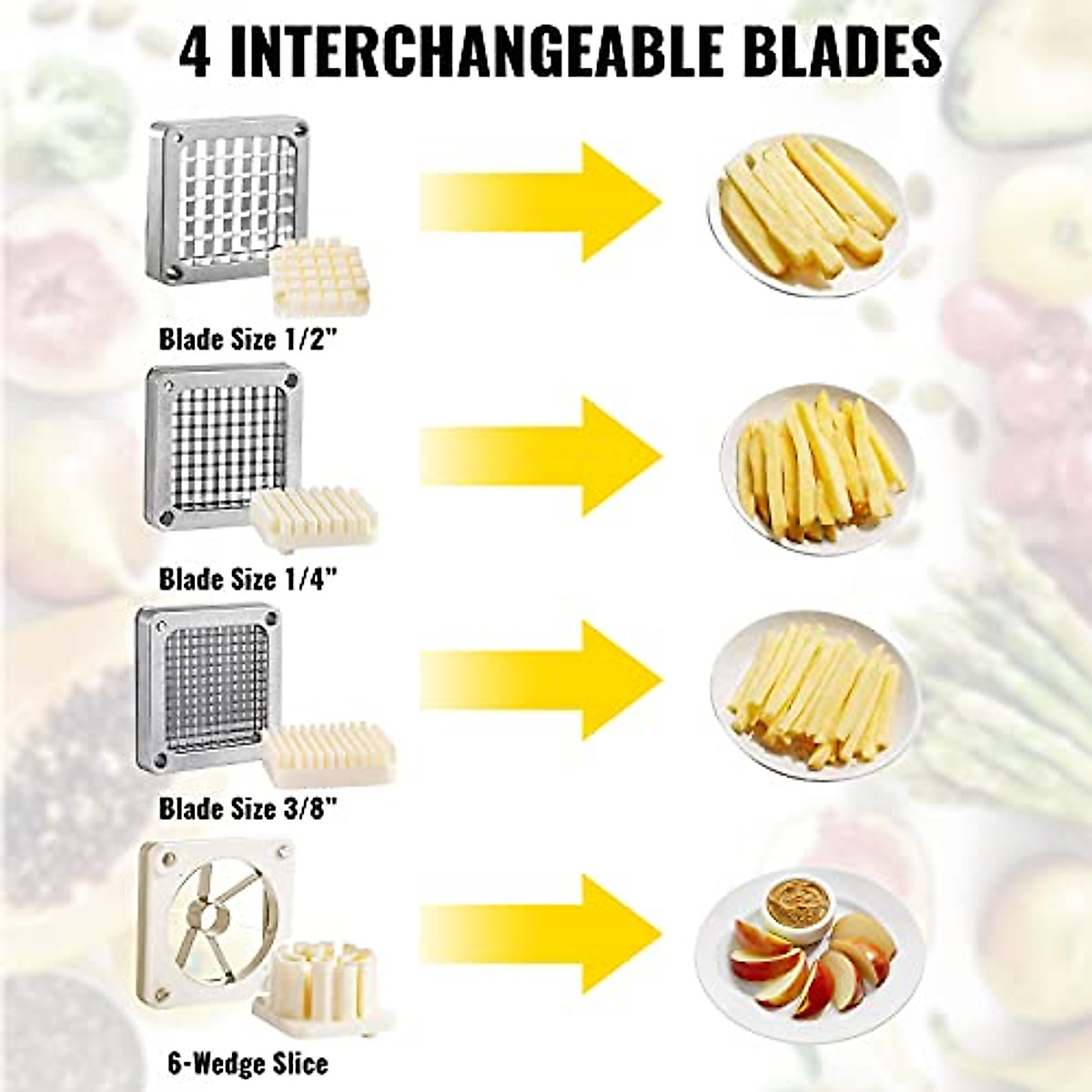 VEVOR Commercial Chopper w/ 4 Replacement Blades Commercial Vegetable Chopper Stainless Steel French Fry Cutter Potato Dicer & Slicer Commercial Vegetable Fruit Chopper for Restaurants & Home Kitchen